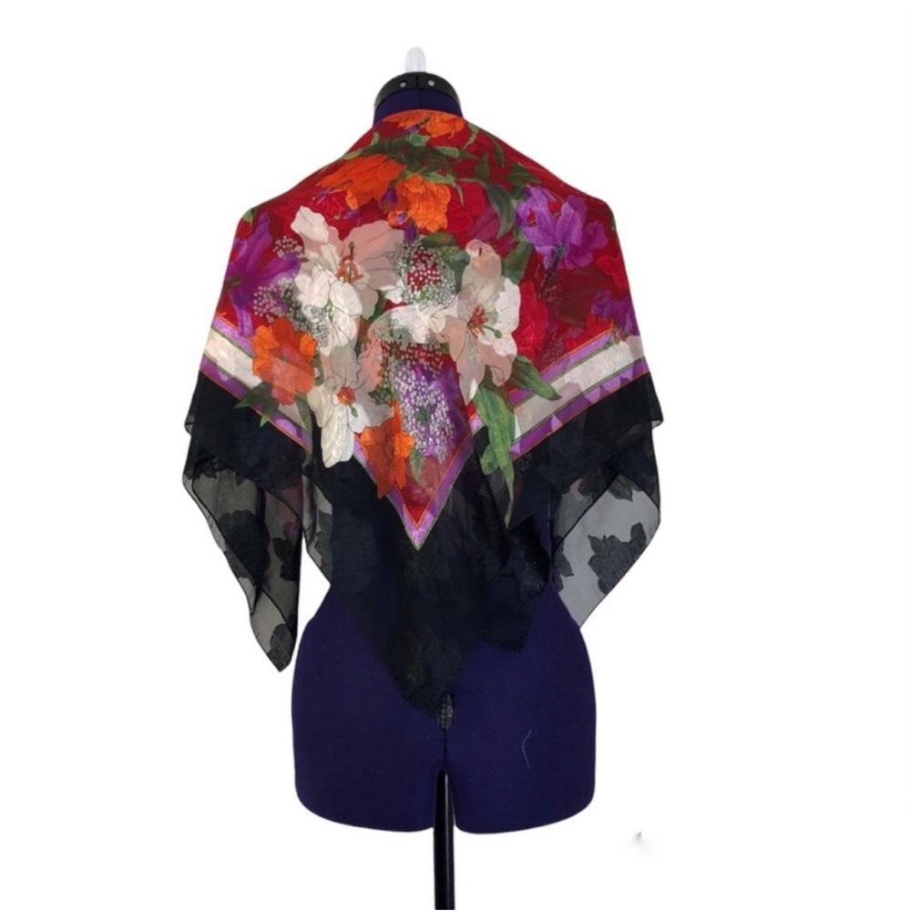 Vintage Sheer Black Colorful Floral Square Scarf - Gem